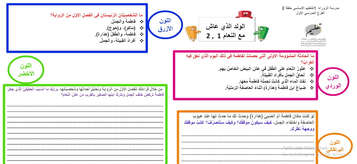 ورقة عمل درس الولد الذي عاش مع النعام الفصل 1و 2 اللغة العربية الصف
