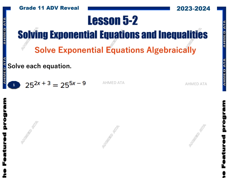 ورقة عمل درس Solve Exponential Equations Inequalities الرياضيات منهج ...