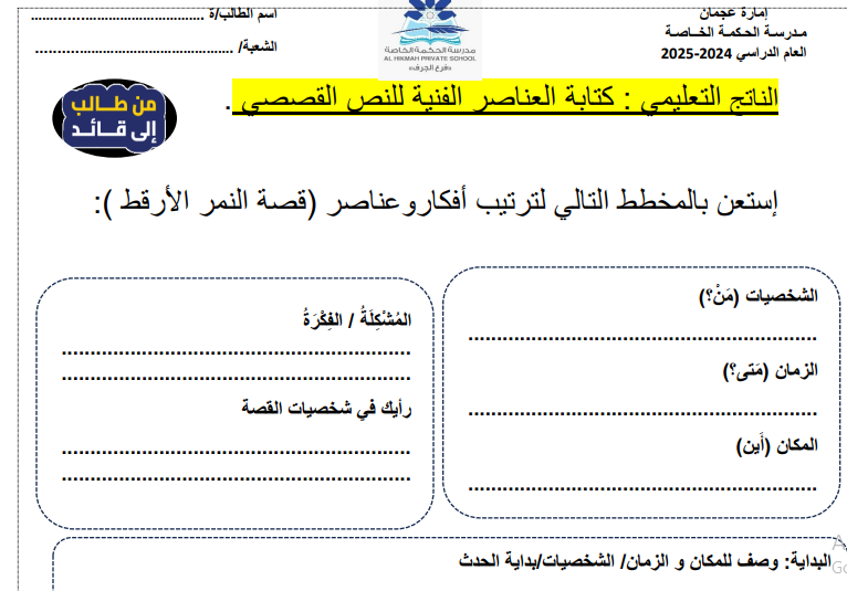 ورقة عمل تدريبية عناصر قصة النمر الأرقط اللغة العربية الصف الرابع سراج
