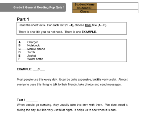 ورقة عمل Reading Pop Quiz 1 اللغة الإنجليزية للصف التاسع عام الفصل ...
