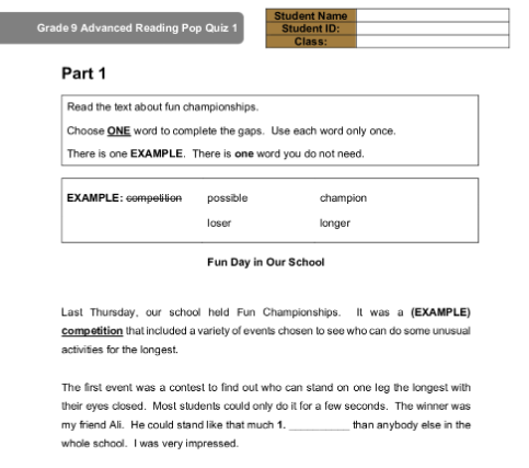 ورقة عمل Reading Pop Quiz 2 اللغة الإنجليزية للصف التاسع العام الفصل ...